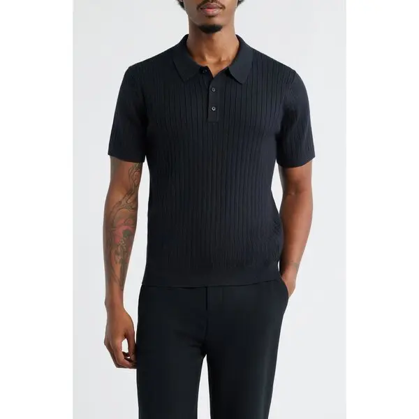 OPEN EDIT Rib Polo Sweater - Black Caviar