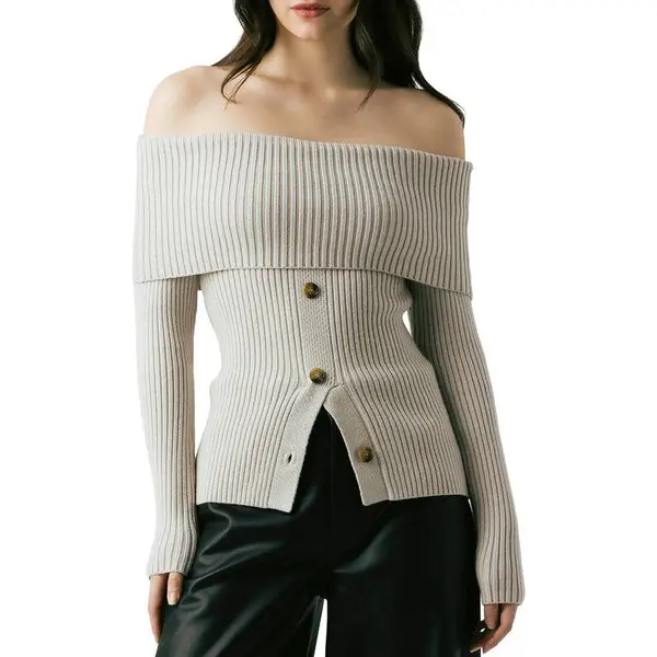 Blanknyc Off-the-shoulder Ribbed Button Sweater