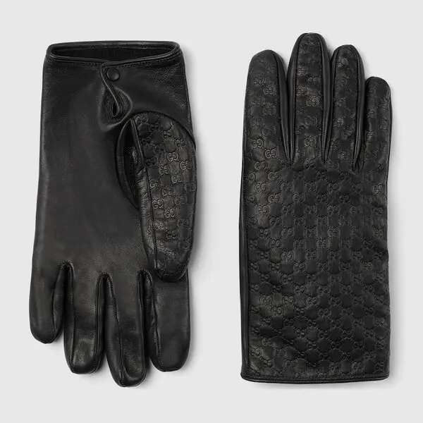 Gucci Embossed Gg Leather Gloves - Black