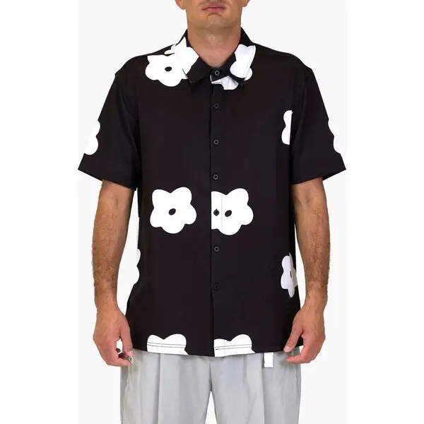 VAST Flower Patch Aqua Terra Performance Short Sleeve Button-up Shirt - Black