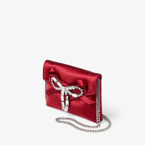 JIMMY CHOO Soft Card Holder With Chain Ruby Red Satin Cardholder With Crystal Bow - Ruby Red/silver