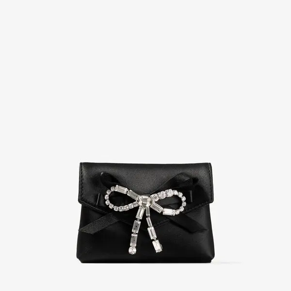 JIMMY CHOO Soft Card Holder With Chain Satin Cardholder With Crystal Bow /silver - Black