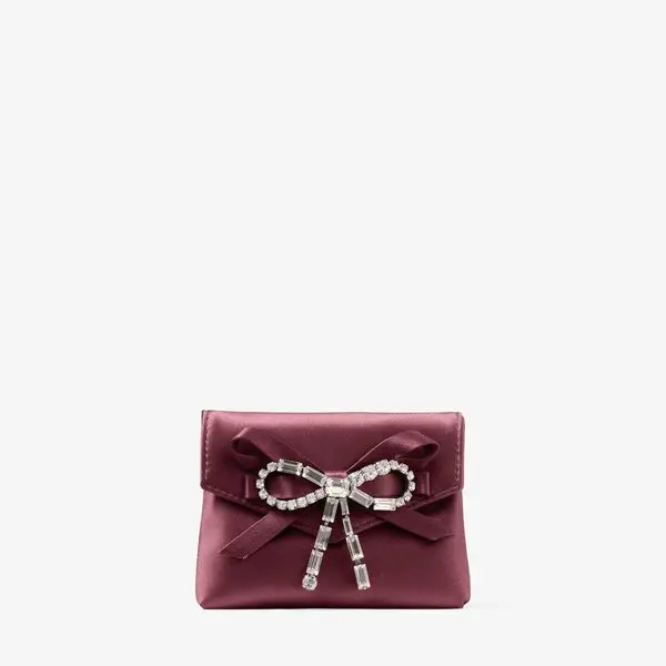 JIMMY CHOO Soft Card Holder With Chain Deep Merlot Satin Cardholder With Crystal Bow - Deep Merlot/silver