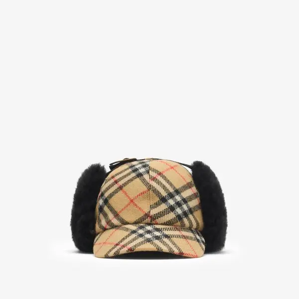 Burberry Check Wool Trapper Cap - Sand Beige