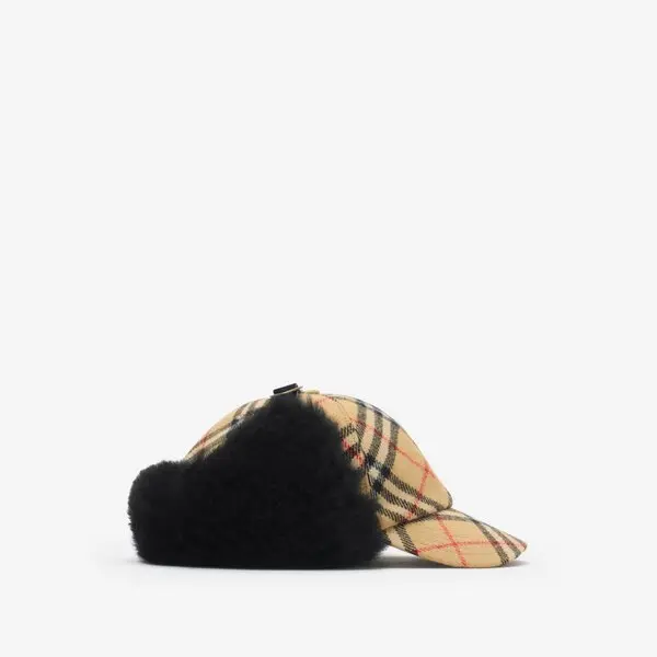 Burberry Check Wool Trapper Cap - Sand Beige