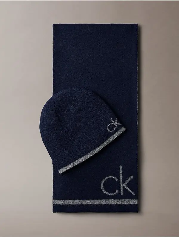 Calvin Klein Flocked Monogram Beanie And Scarf Set - Medieval Blue