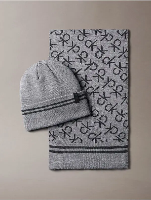 Calvin Klein Flocked Monogram Beanie And Scarf Set - Medium Grey Heather