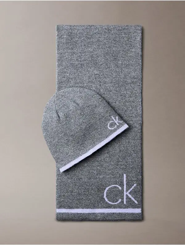 Calvin Klein Flocked Monogram Logo Beanie And Scarf Set - Medium Grey Heather
