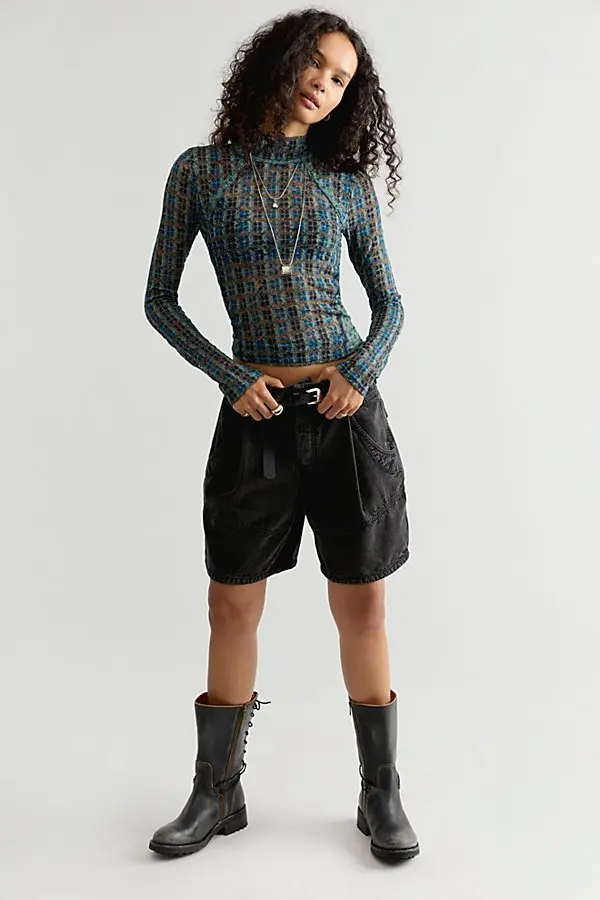 Free People Lyric Sheer Lace Turtleneck Top - Navy Combo