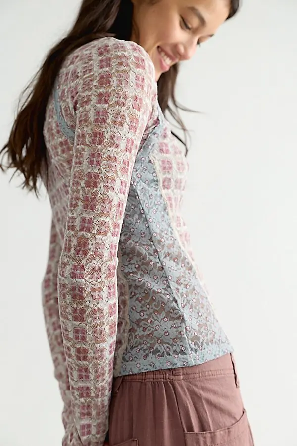 Free People Lyric Sheer Lace Long Sleeve Turtleneck Top - Tea Combo