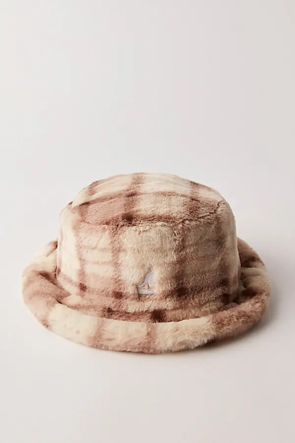KANGOL Faux Fur Bucket Hat - Beige Plaid