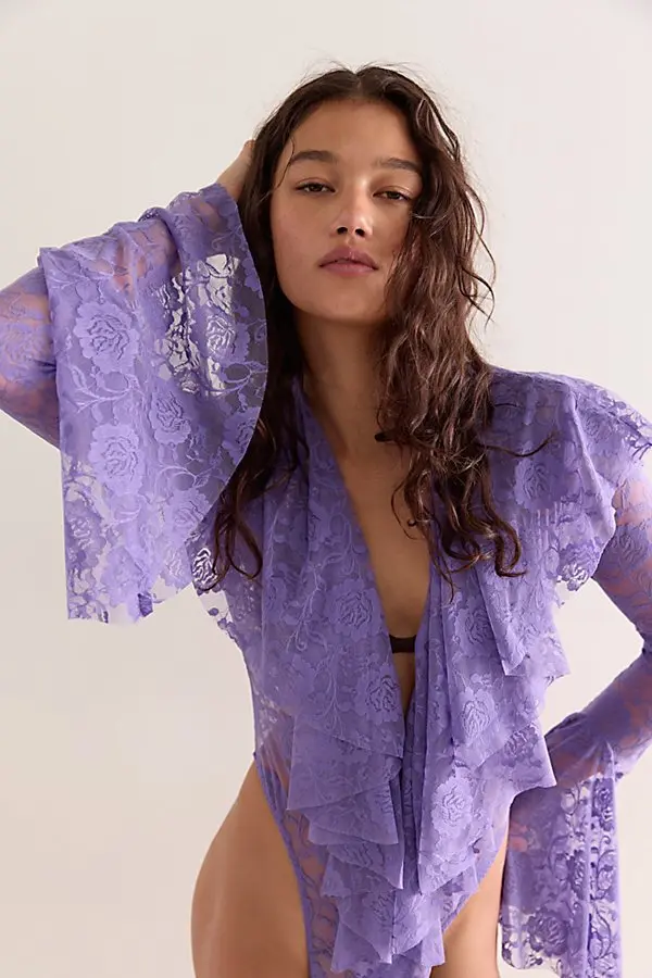 Norma Kamali Long Sleeve Deep V Ruffle Bodysuit - Lavender