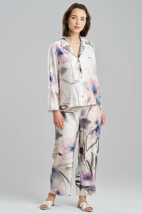 Natori Hiyaku Printed Charmeuse Notch Pajama Set - Stripe