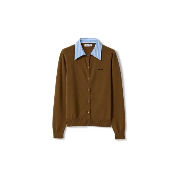 Miu Miu Cashmere Cardigan With Detachable Collar - Tobacco/celeste