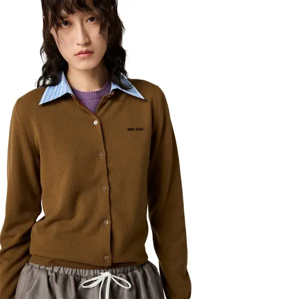 Miu Miu Cashmere Cardigan With Detachable Collar - Tobacco/celeste