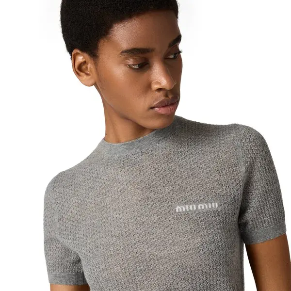 Miu Miu Cashmere Sweater With Ribbed Knit And Lacy Motif - Grey