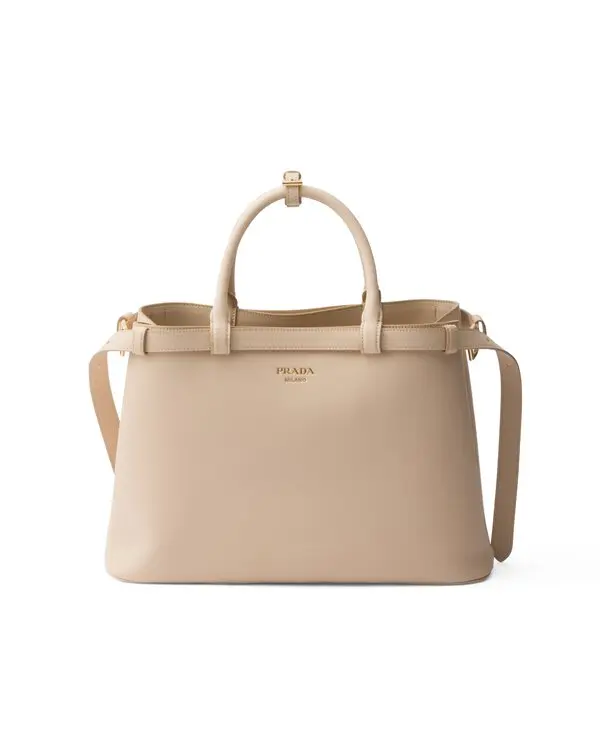 Prada Medium Leather Handbag With Double Belt Buckle - Travertine Stone