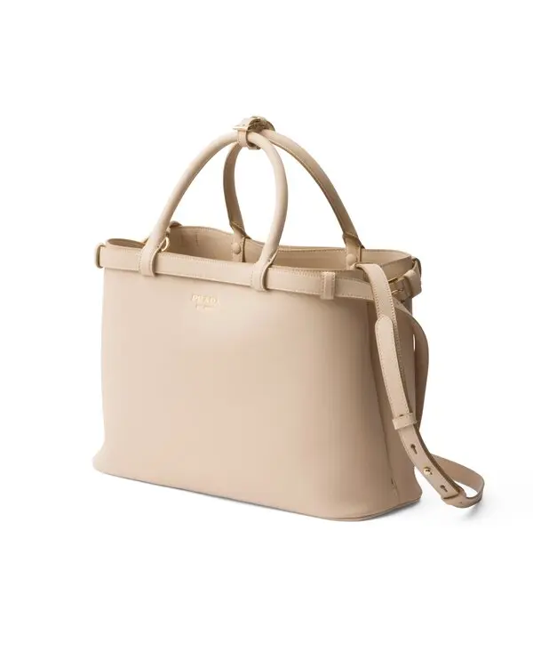 Prada Medium Leather Handbag With Double Belt Buckle - Travertine Stone