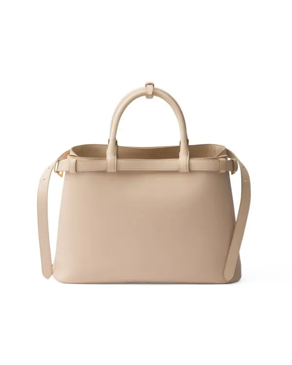 Prada Medium Leather Handbag With Double Belt Buckle - Travertine Stone