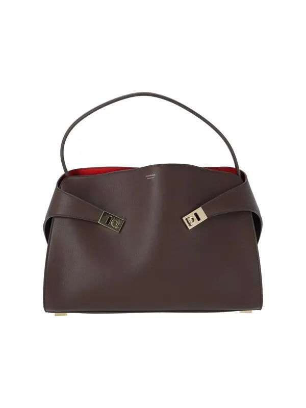 FERRAGAMO Large Leather Shoulder Bag With Gancini Buckle - Brown