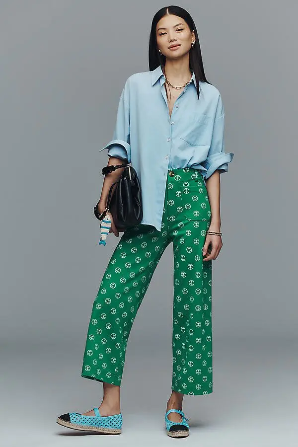 Maeve Colette Crop Printed Ponte Pants - Green Pattern