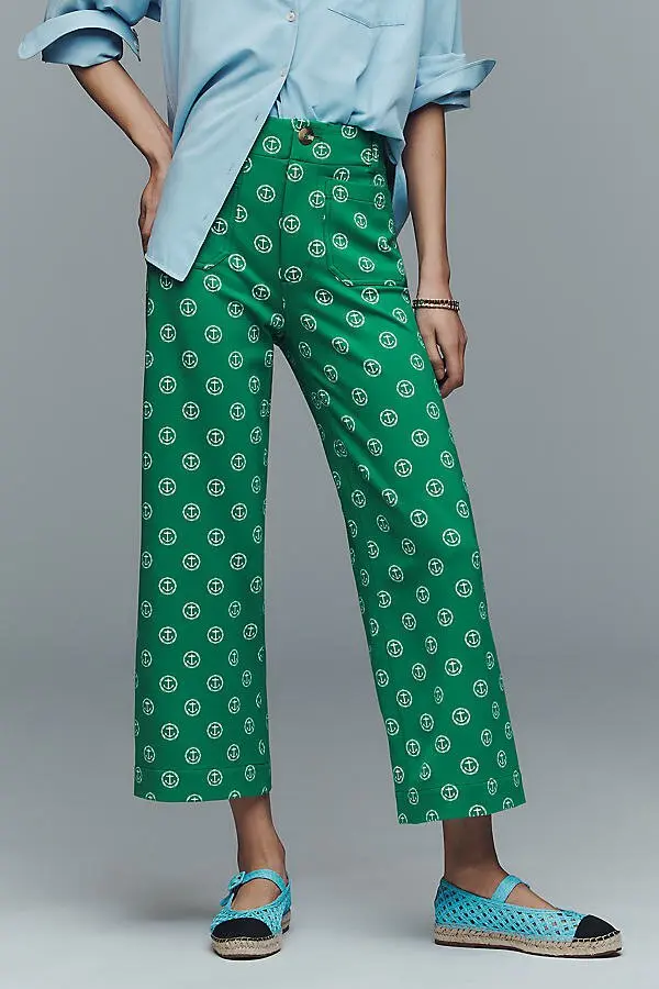 Maeve Colette Crop Printed Ponte Pants - Green Pattern
