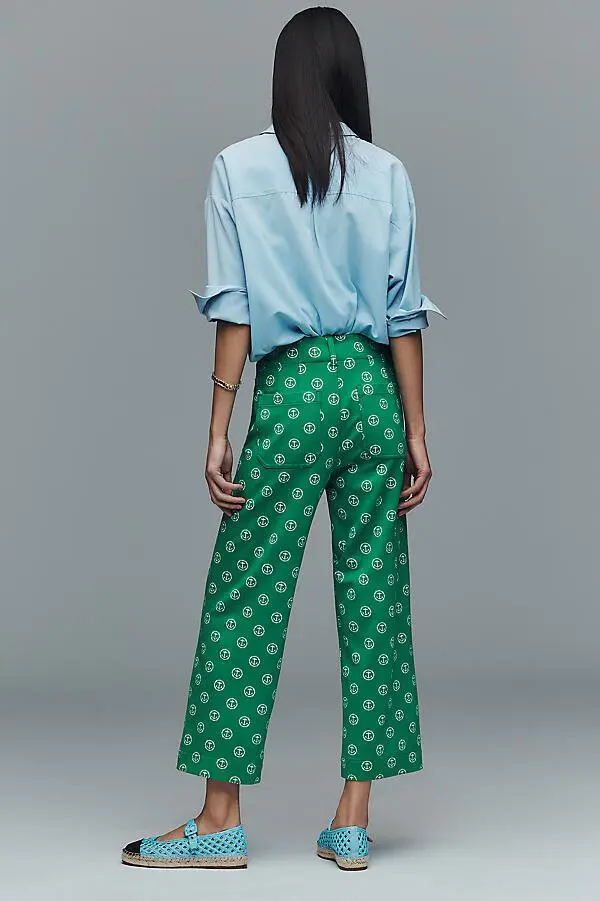 Maeve Colette Crop Printed Ponte Pants - Green Pattern