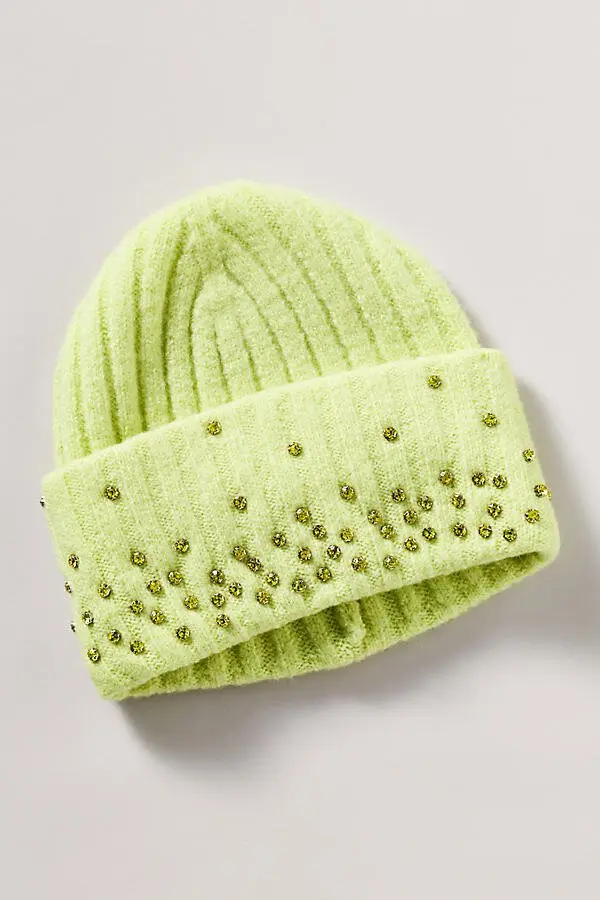 Anthropologie Rhinestone Embellished Beanie - Lime