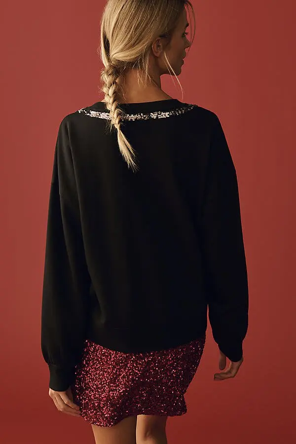 Maeve Sequin Bow Sweatshirt - Black