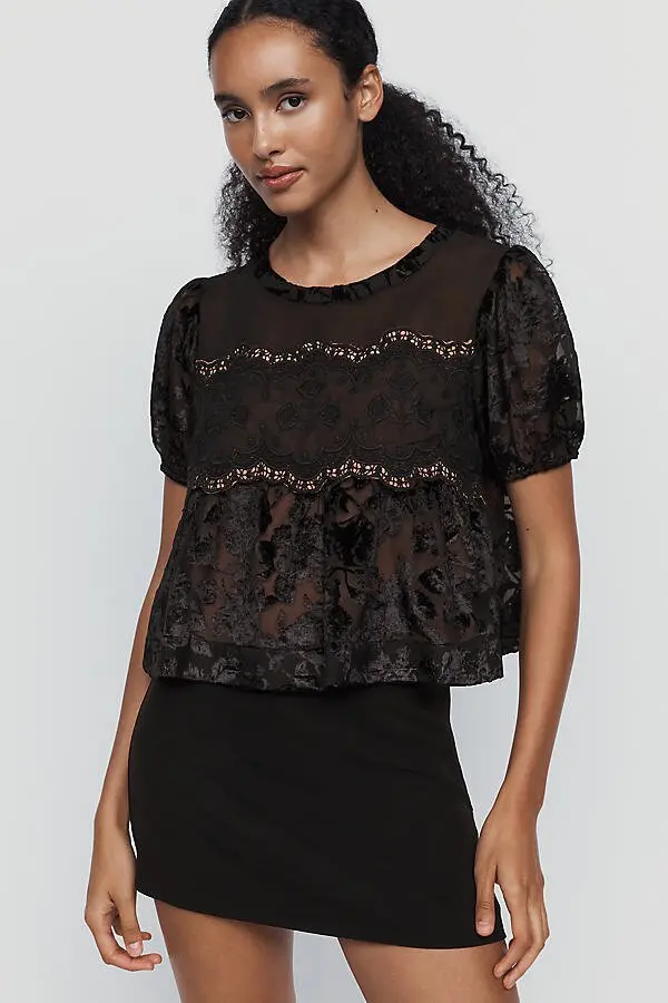 Anthropologie Short-sleeve Velvet Burnout Swing Top - Black Pattern