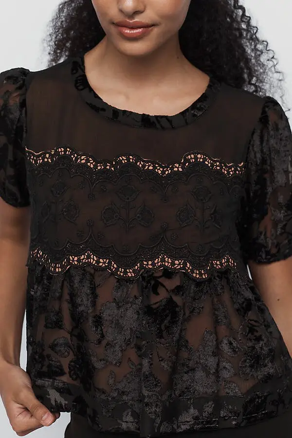 Anthropologie Short-sleeve Velvet Burnout Swing Top - Black Pattern