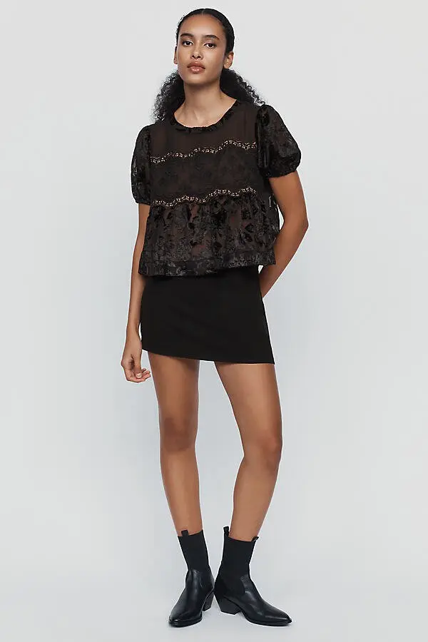 Anthropologie Short-sleeve Velvet Burnout Swing Top - Black Pattern