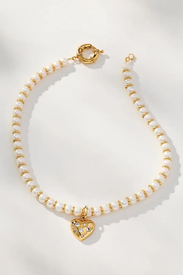 Timeless Pearly Heart Pendant Pearl Necklace - Gold