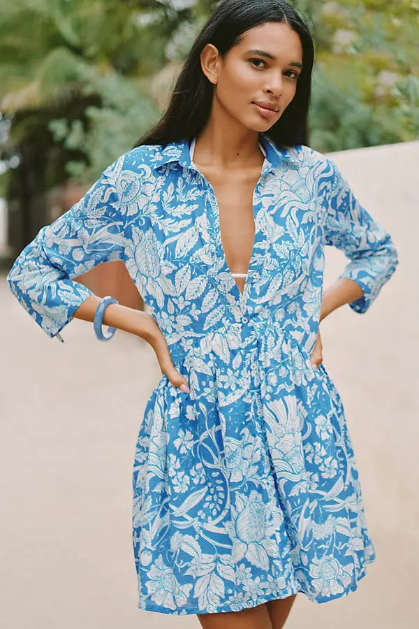 RO'S GARDEN Deauville Cotton Shirt Dress - Blue Pattern