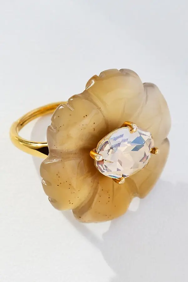 Anthropologie Floral Crystal Statement Cocktail Ring - Neutral