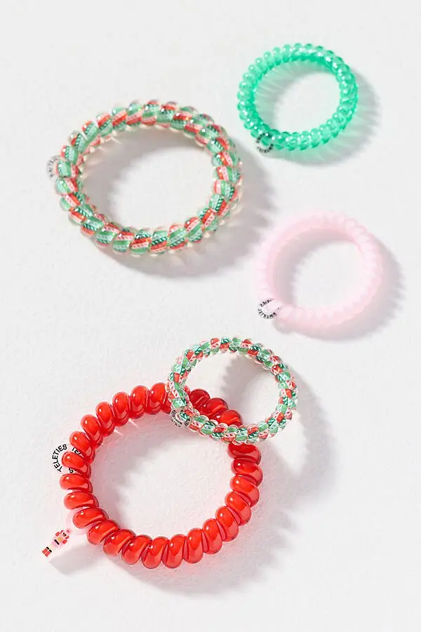 TELETIES Holiday Mix Coil Hair Ties Set Of 5 - Red/green