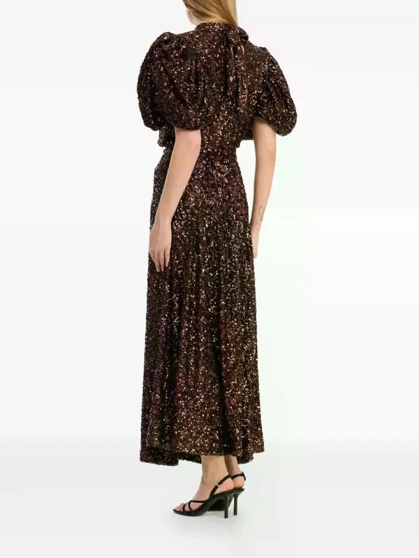 Rotate By Birger Christensen Sequin-Embellished Puff-Sleeve Midi Dress In  Brown | Editorialist