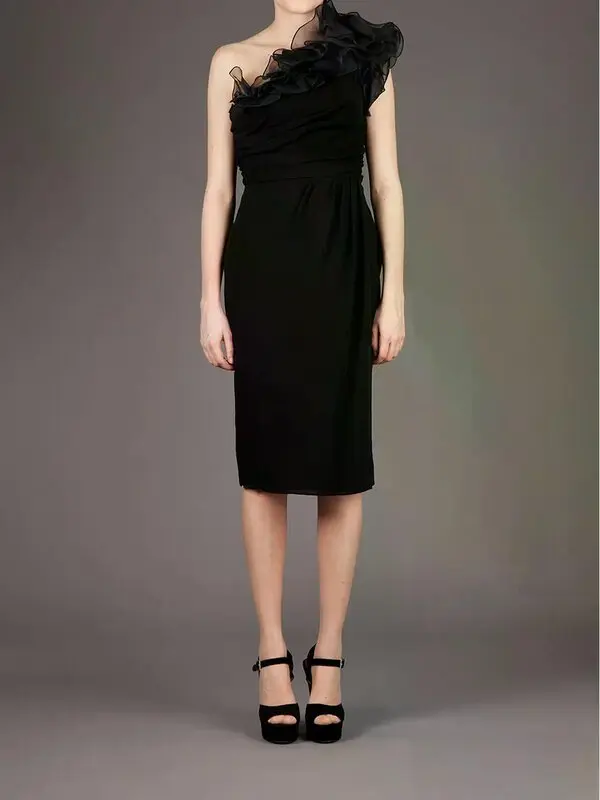 one shoulder ruffle dress black Berylove Women One Shoulder Black Tie Dress with Flower Sheath Ruffle Long Formal Dress, Black & White / custom