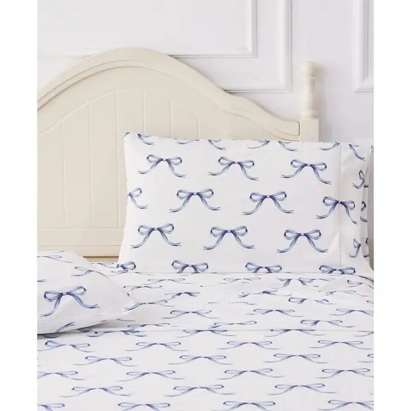 BEDFORD LANE Crisp Bows Percale Sheet Set, Twin - Blue