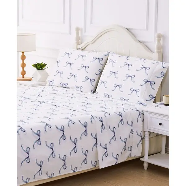 BEDFORD LANE Crisp Bows Percale Sheet Set, King - Blue