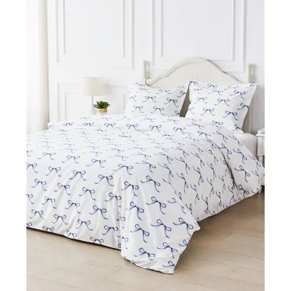 BEDFORD LANE Crisp Bows Percale Duvet Cover Set, Twin - Blue