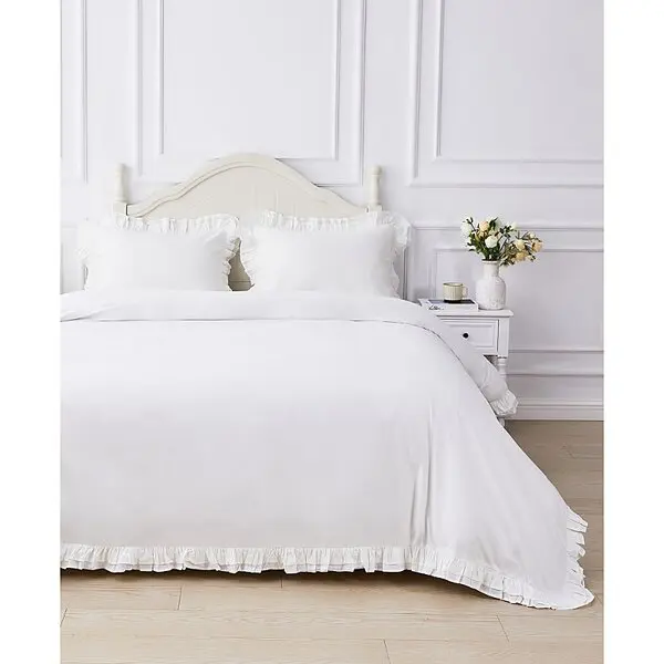 BEDFORD LANE Double Ruffle Percale Duvet Cover Set, Twin - White