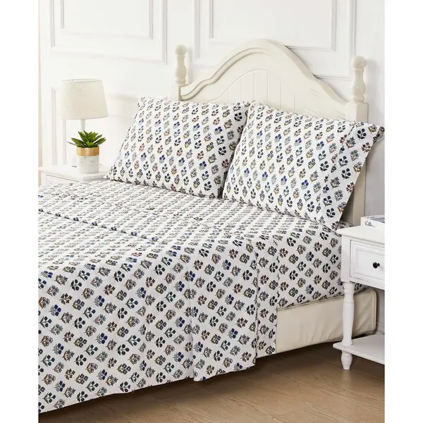 BEDFORD LANE Sumita Floral Percale Sheet Set, Full - Blue