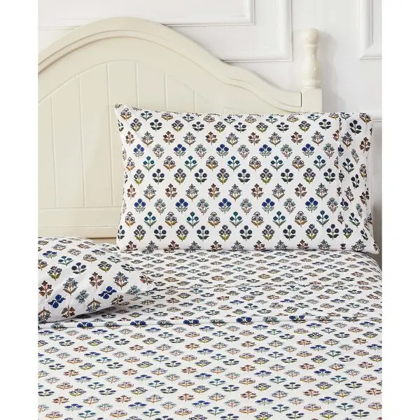 BEDFORD LANE Sumita Floral Percale Sheet Set, Full - Blue