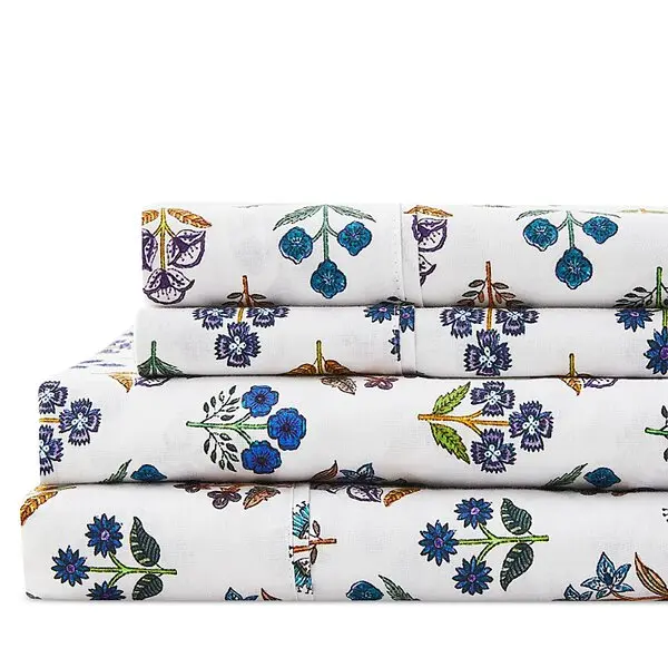 BEDFORD LANE Sumita Floral Percale Sheet Set, Queen - Blue