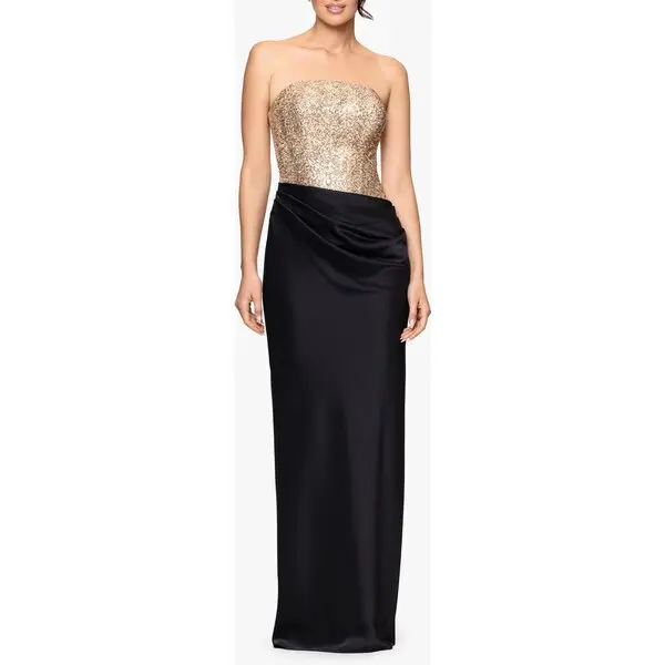 Betsy & Adam Sequin Bodice Strapless Gown