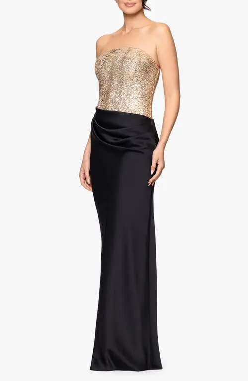 Betsy & Adam Sequin Bodice Strapless Gown