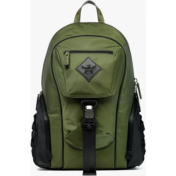 Mcm Aren Backpack In Econyl® And Monogram Print Leather - Khaki Moss