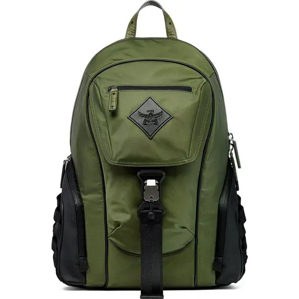 Mcm Aren Backpack In Econyl® And Monogram Print Leather - Khaki Moss