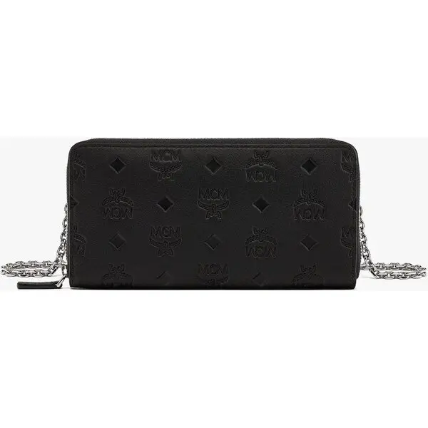 Mcm Aren Chain Zip Around Wallet In Embossed Monogram Leather - Black
